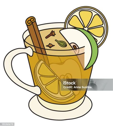 와사일 핫 사과 사이다 전통 겨울 칵테일 사과와 레몬 정향 카다몬 계피로 장식된 머그잔에 손으로 그린 낙서 만화 스타일의 겨울
