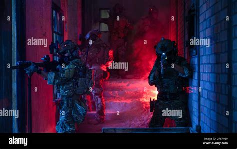 Expert Team Of Soldiers Attacking Enemy During Military Operation Army