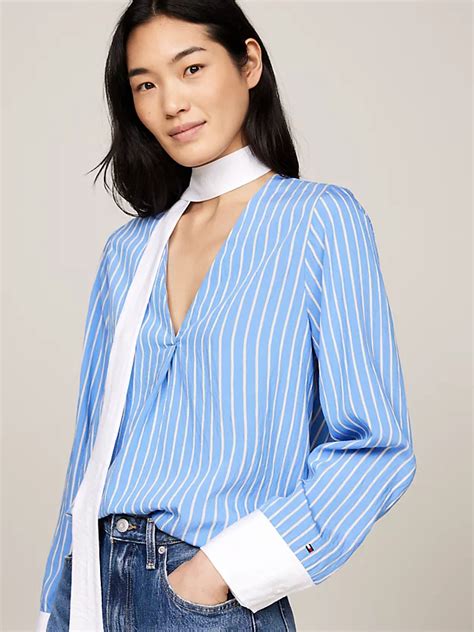 Self Tie V Neck Stripe Relaxed Fit Blouse Blue Tommy Hilfiger
