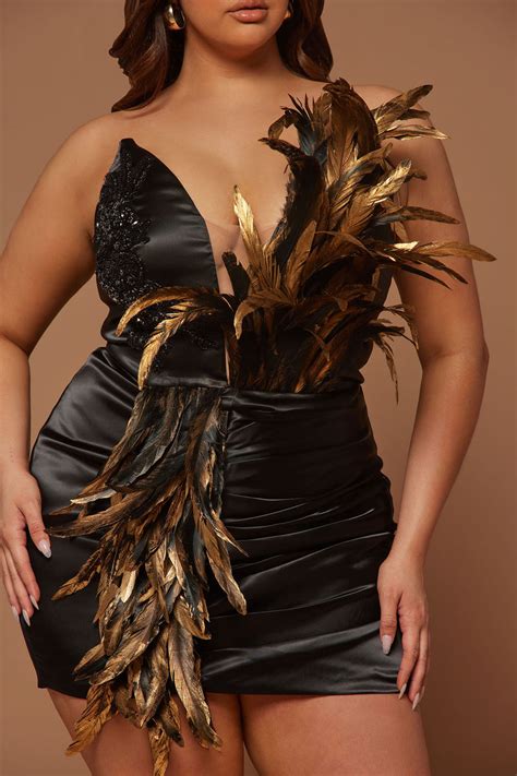Jessy Feather Satin Mini Dress Black Gold Fashion Nova Luxe
