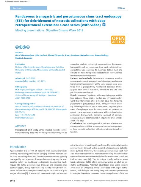 Pdf Rendezvous Transgastric And Percutaneous Sinus Tract Endoscopy