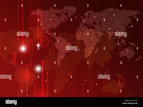 Abstract Technology Binary Code World Map On Dark Red Background Stock