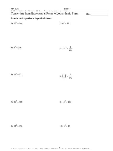 Fillable Online Infinite Algebra 2 Converting From Exponential Form To Logarithmic Form Fax