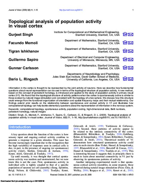 Pdf Topological Analysis Of Population Activity In Visual Cortex