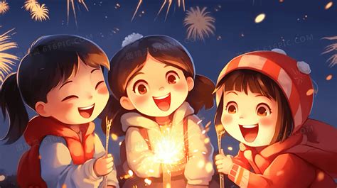 冬夜玩烟花的可爱小孩子插画背景图片下载 2912x1632像素格式 编号vwkfwognv 图精灵