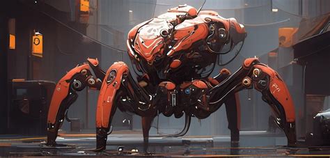 Premium Ai Image Photograph Of A Pearlescent Orange Red Spider Mecha Robot With Metallic Armor
