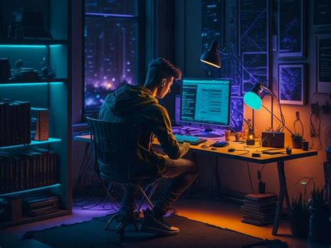 Premium Ai Image Student Doing Coding On His Computer Setup With Proper Lighting In Night