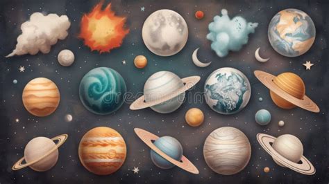 Illustration Of Diverse Planets Moons And Celestial Bodies In