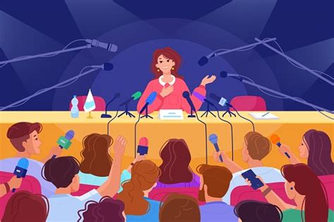 회의 테이블에서 연사 마이크를 가진 정치인 언론 보도 군중 기자 포럼 강당에서 언론 인터뷰 공식 대중 연설 벡터 삽화 가공의