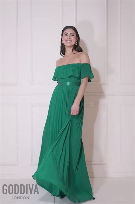 Pleated Chiffon Off Shoulder Maxi Dress Green