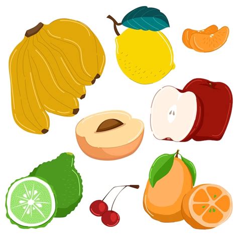 Conjunto de frutas e bagas de verão banana fresca maçã limão pêssego kumquat e bergamota