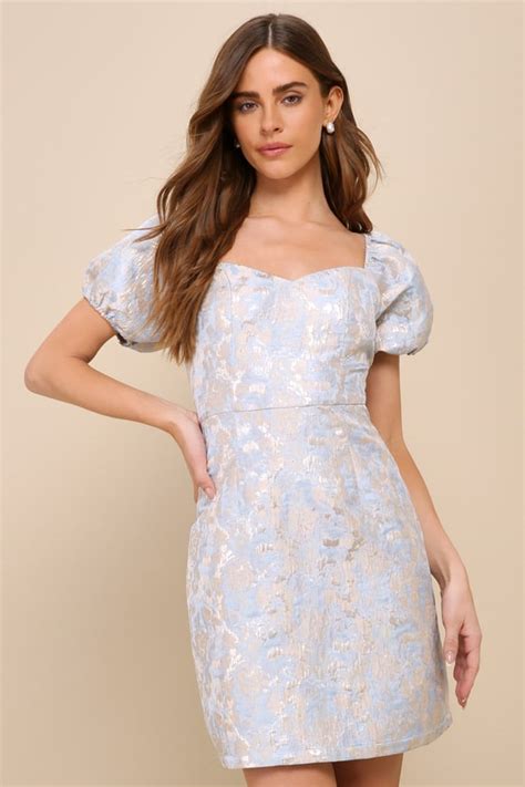 Blue Floral Jacquard Dress Puff Sleeve Dress Mini Dress Lulus