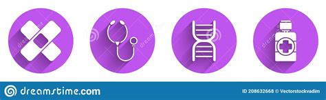 Set Crossed Bandage Plaster Stethoscope Dna Symbol And Bottle Of