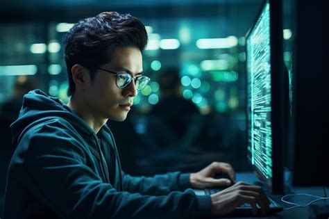 premium ai image asian engineer man looking at computer screen with data