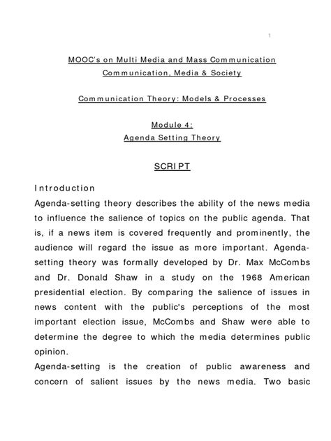 Agenda Setting Theoryswayam Pdf Framing Social Sciences Social