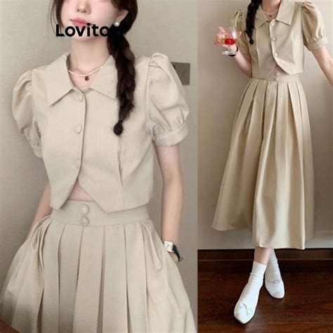 Lovito Women Casual Plain Button Front Puff Sleeve Blouse L64AD015