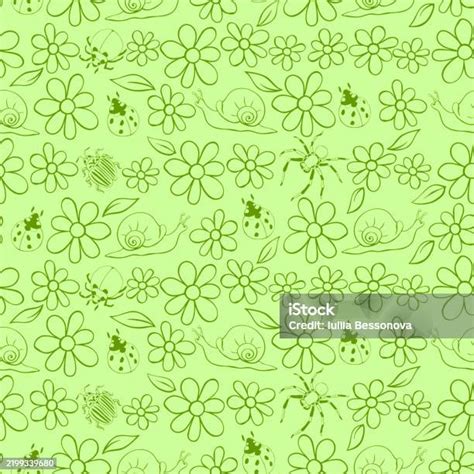 귀여운 윤곽선 꽃 무당 벌레 달팽이 곤충과 완벽 한 유치 한 패턴 벡터 일러스트 레이 션 직물 인쇄 아이 표면 디자인을 위한 사용 0명에 대한 스톡 벡터 아트 및 기타