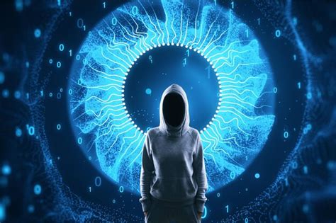 premium photo hacker in hoodie with abstract digital blue eye iris on
