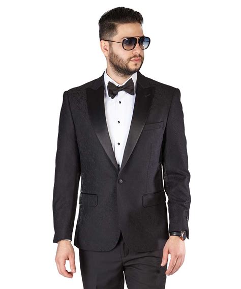 Slim Fit 1 Button Black Paisley Dinner Jacket Peak Satin Lapel Ãzarman