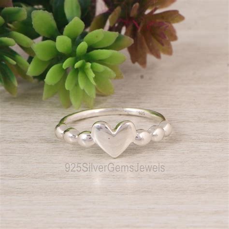 Puffy Heart Sterling Silver Beaded Design Ring Dainty Heart Silver