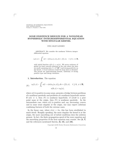 Pdf Some Existence Results For A Nonlinear Hyperbolic Integrodifferential Equation With