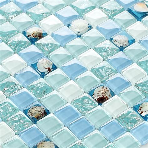 Blue Crystal Glass Mixed Sea Shell Mosaic Tiles EHGM1009A For Kitchen