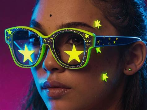 A Woman Wearing Neon Glasses With Stars On Her Face Premium Ai