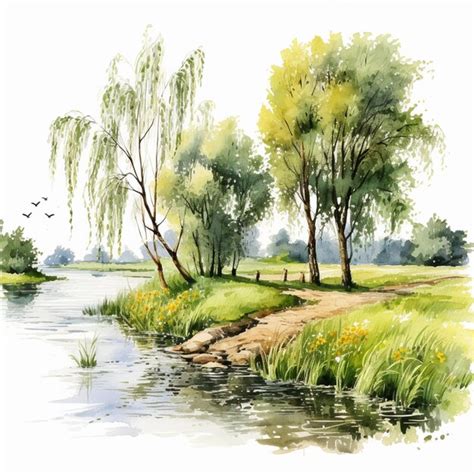 Premium AI Image Painting Of A River With A Man Fishing In The Distance Generative Ai