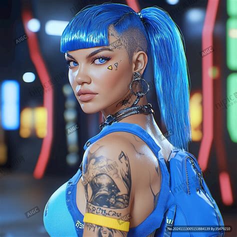 Ai创作图3d插画 伪3d风格 写实漫画人物 赛博朋克风格打扮 蓝色的头发 赛博朋克潮流人物 3d效果女孩 Cgi渲染 赛博庞克 写实人物设计 蓝发女孩 3d角色 炫酷人物 蓝色蝴蝶结黑头发