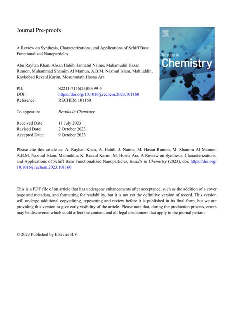 Pdf A Review On Synthesis Characterizations And Applications Of Schiff Base Functionalized