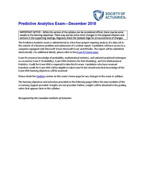 Predictive Analytics Exam December 2018 Exam Pa Home Page Pdf
