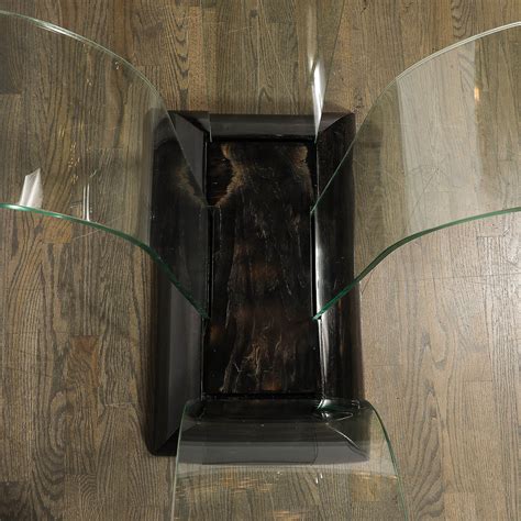 Art Deco Curved Glass Console Table With Black Lacquered Base By