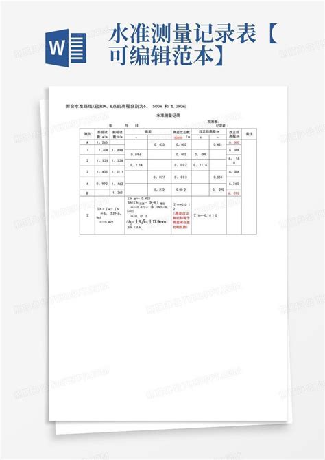 水准测量记录表【可编辑范本】word模板下载编号lomknkbx熊猫办公