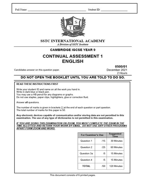 Ay2020 21 Igcse Yr 9 English Paper 1 Pdf