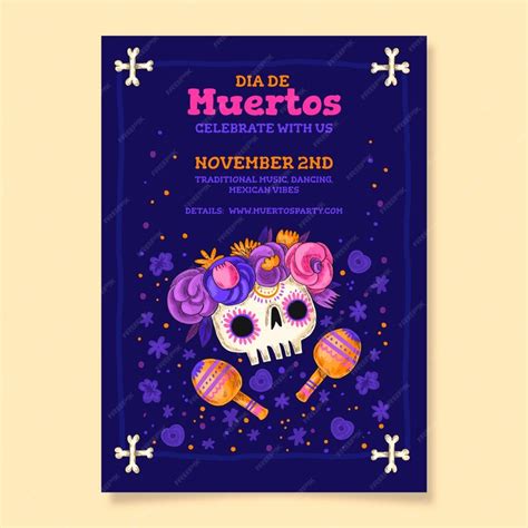 손으로 그린 Dia De Muertos 세로 포스터 템플릿 무료 벡터