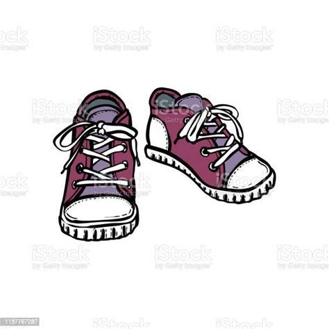 운동 화 단 화 쌍 절연 손으로 그린 벡터 일러스트 레이 션 보라색 신발입니다 로고 포스터 엽서 패션 책자 전단지에 대 한 손으로 그린 스포츠 부츠 벡터 스케치 운동 화