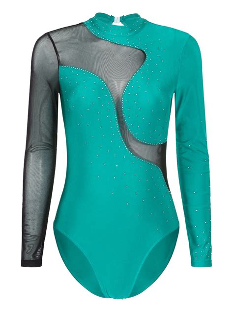 Freebily Womens Sheer Mesh Long Sleeve Sequined Mock Neck Bodysuit