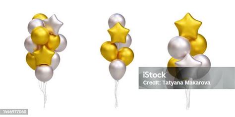 사실적인 3d 황금과 은색 풍선의 무리 별 모양 카드 파티 디자인 전단지 포스터 배너 웹 광고에 대한 벡터 일러스트 레이 션 장식 3차원 형태에 대한 스톡 벡터 아트 및