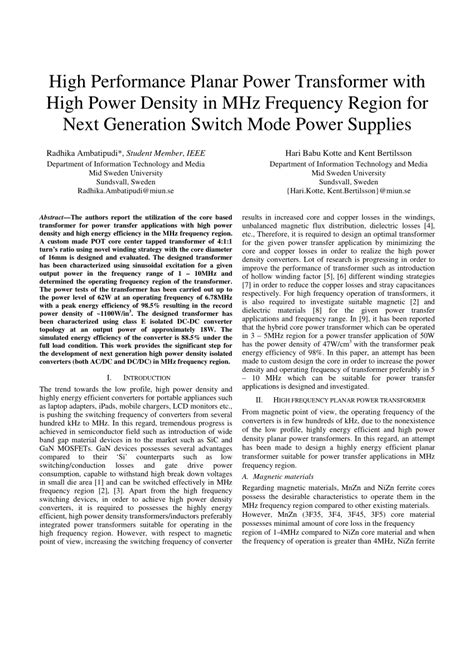 Pdf High Performance Planar Power Transformer With High Power Density