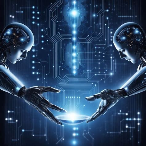 Hands Of Robot And Human Touching Sphere Grid Wave With Binary Code