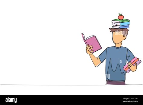Single One Line Drawing Man Reading Book Practicing Balance Stack