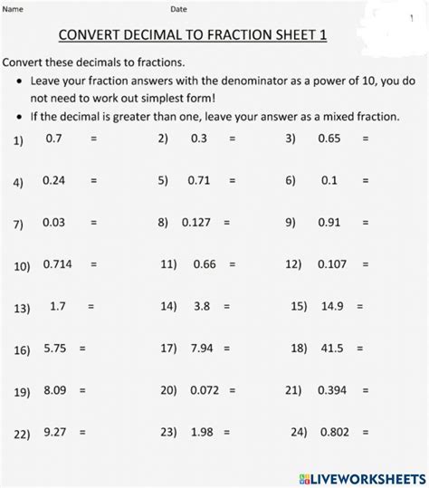 Decimals To Fractions Grade 4 Worksheet Live Worksheets Worksheets