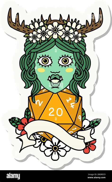 Sticker Of A Half Orc Druid Character With Natural 20 Dice Roll Stock