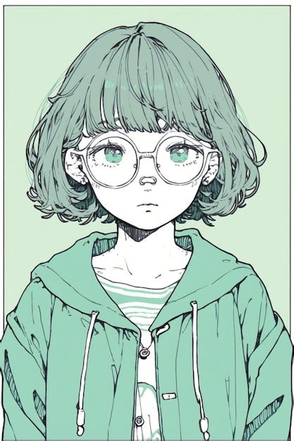 녹색 머리와 안경을 쓴 소녀 프리미엄 사진