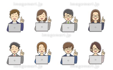 パソコンを前に、笑顔で説明をするスーツを着た若者たちのイラスト素材 [248413271] イメージマート