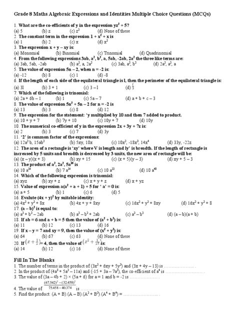 grade 8 maths algebraic expressions and exponents mcq pdf