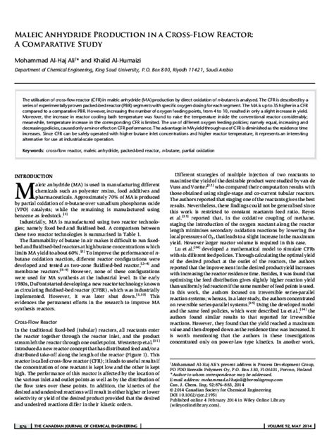 Pdf Maleic Anhydride Production In A Cross Flow Reactor A