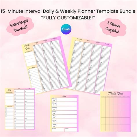 15 Minute Increment Interval Daily Weekly Monthly Editable Customizable Printable Planner Canva