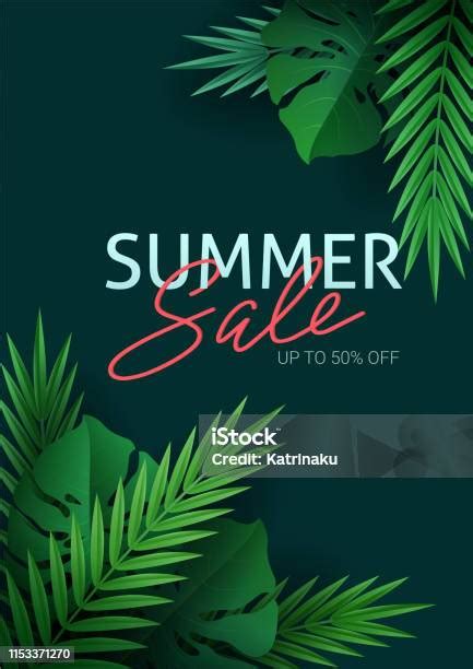 안녕하세요 여름 여름철 열 대 식물의 배경에 대 한 텍스트 포스터입니다 야자수 잎 정글 잎과 필기 글자 판매 포스터와 폭력물 기호입니다 벡터 0명에 대한 스톡 벡터 아트 및