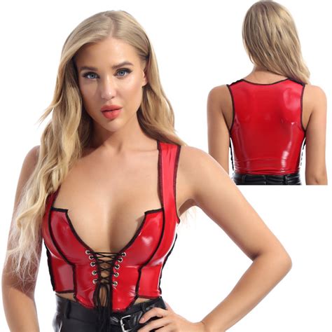 Women Lace Up Front Patent Leather Crop Top Wet Look Shiny Sleeveless